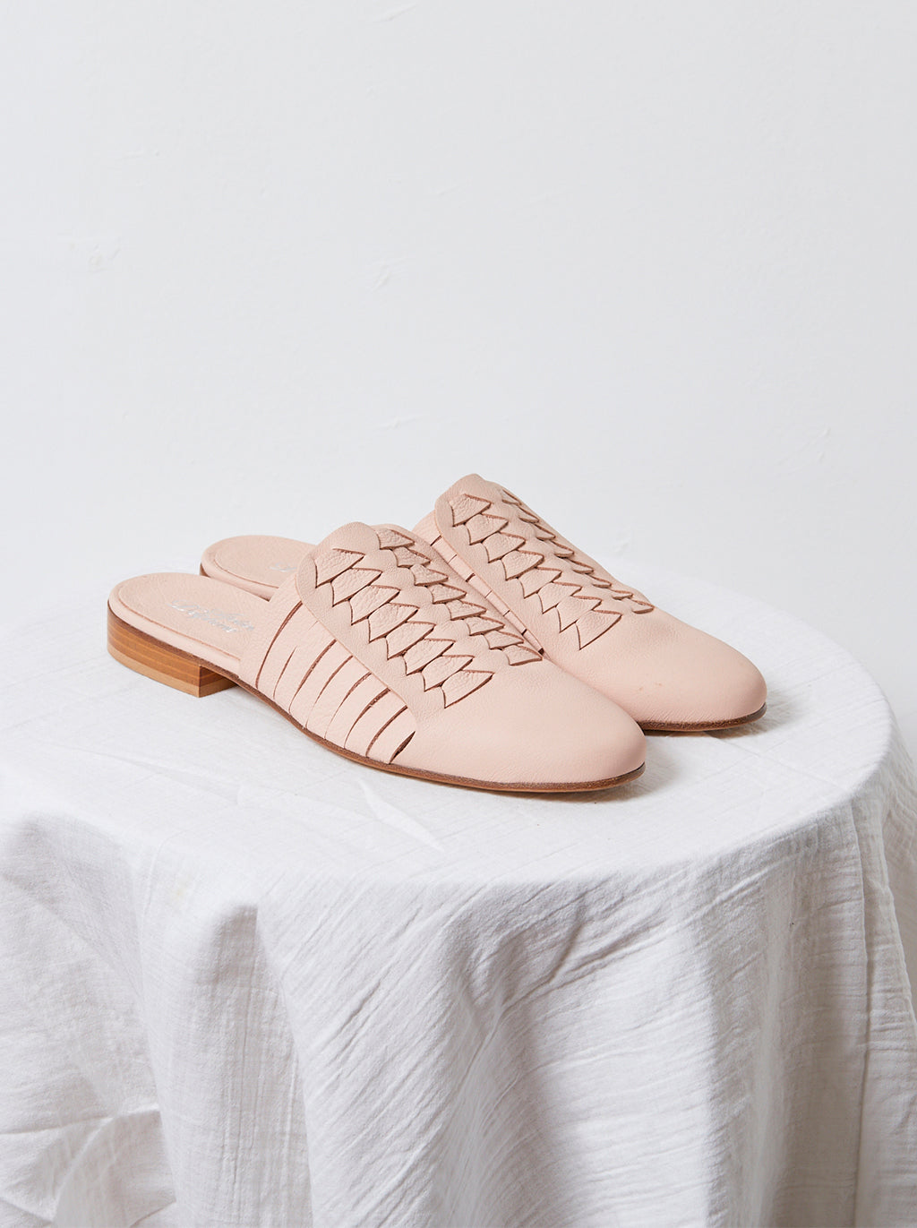 Leather Woven Slides in Sirena at Atelier Delphine